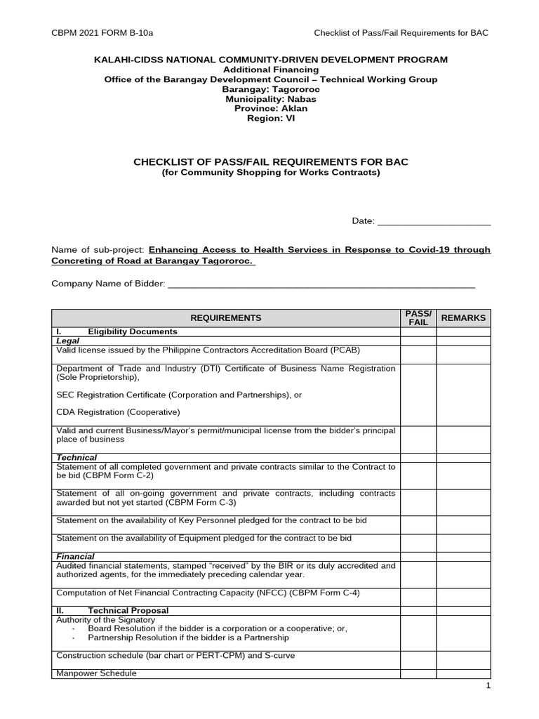 Tagororoc CBPM 2021 Form B-10a - Checklist of Pass Fail Requirements ...