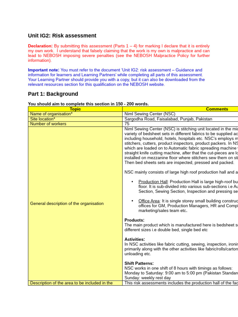 IG2 Report 1 Niml Stitching Center | PDF | Occupational Safety And ...