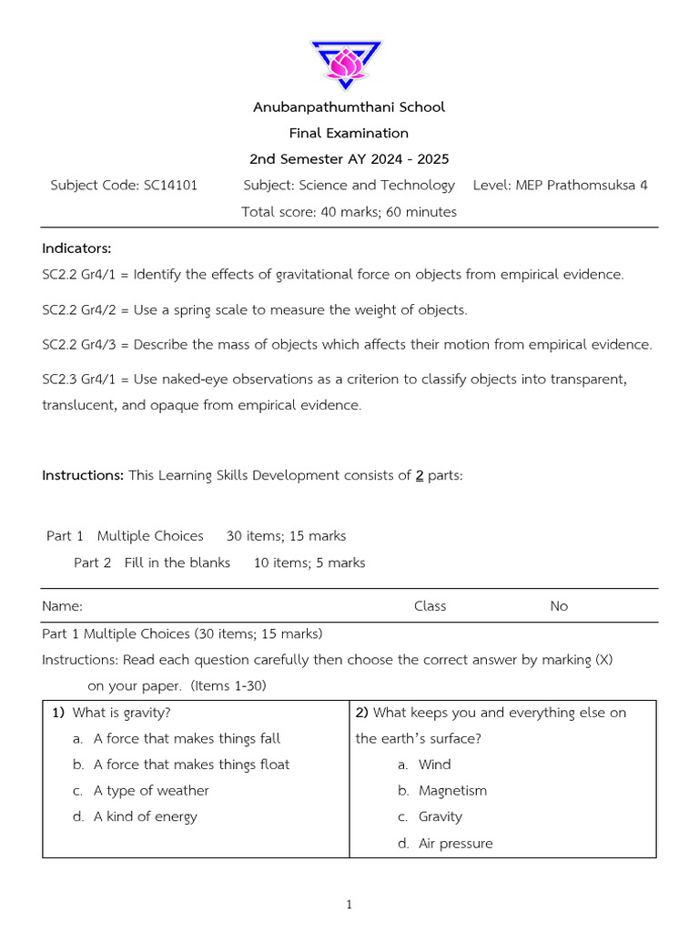 P4 Science 2nd Semester 2024 - 2025 FINAL EXAM | PDF | Gravity | Weight