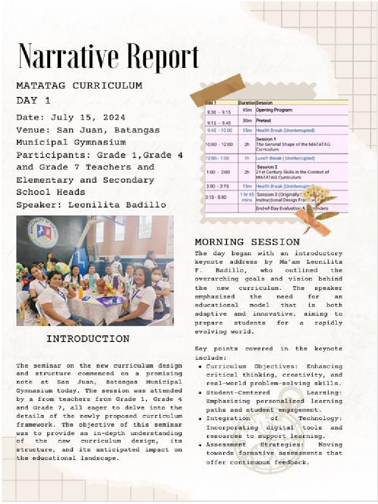 Narrative Report Day 1-5- Matatag Curriculum | PDF