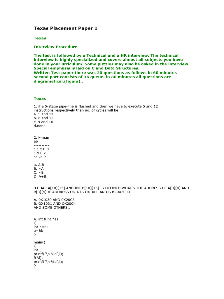 Texas Placement Paper 1 | PDF | Integer (Computer Science) | Computer ...