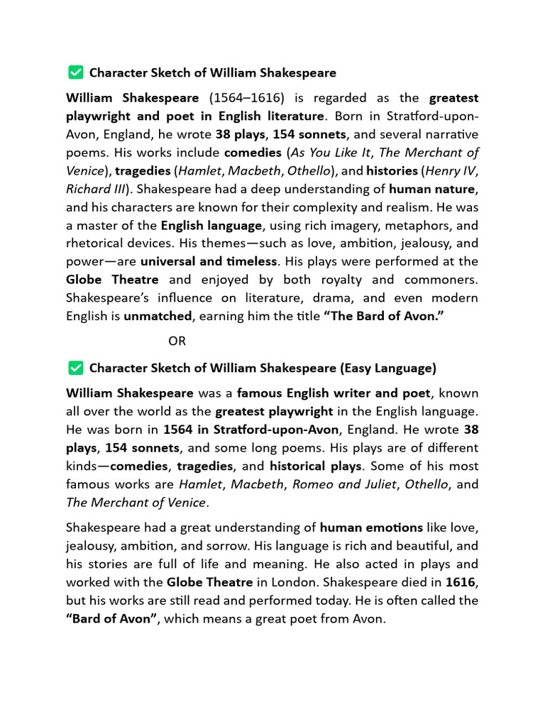 Character Sketch of William Shakespeare | PDF
