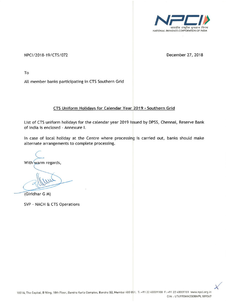Circular No. 072 - CTS Southern GRID Uniform Holiday List 2019 | PDF