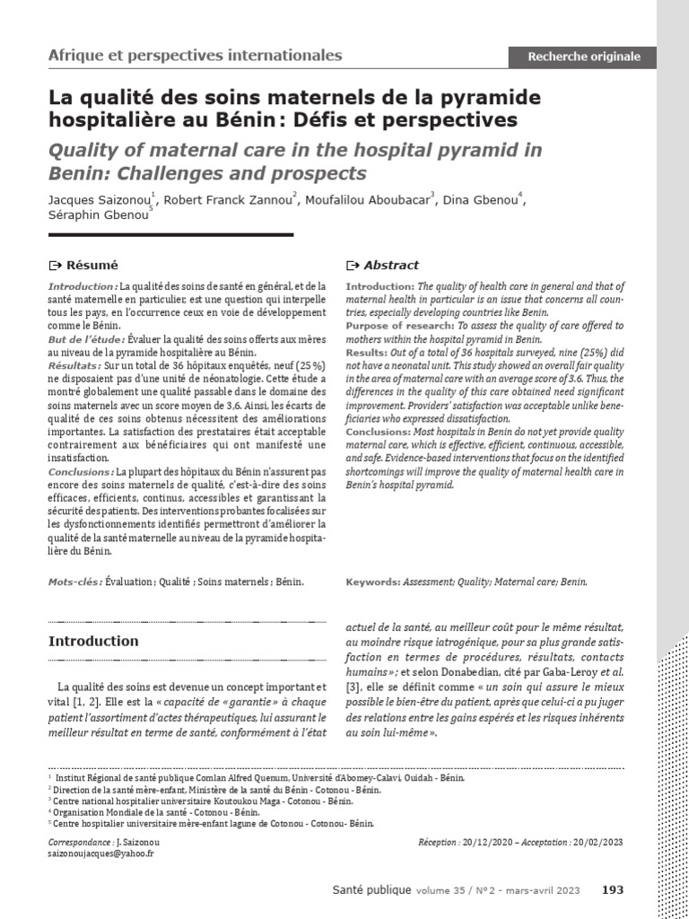 Qualité des soins maternels au Bénin | PDF | Hôpital | Accouchement