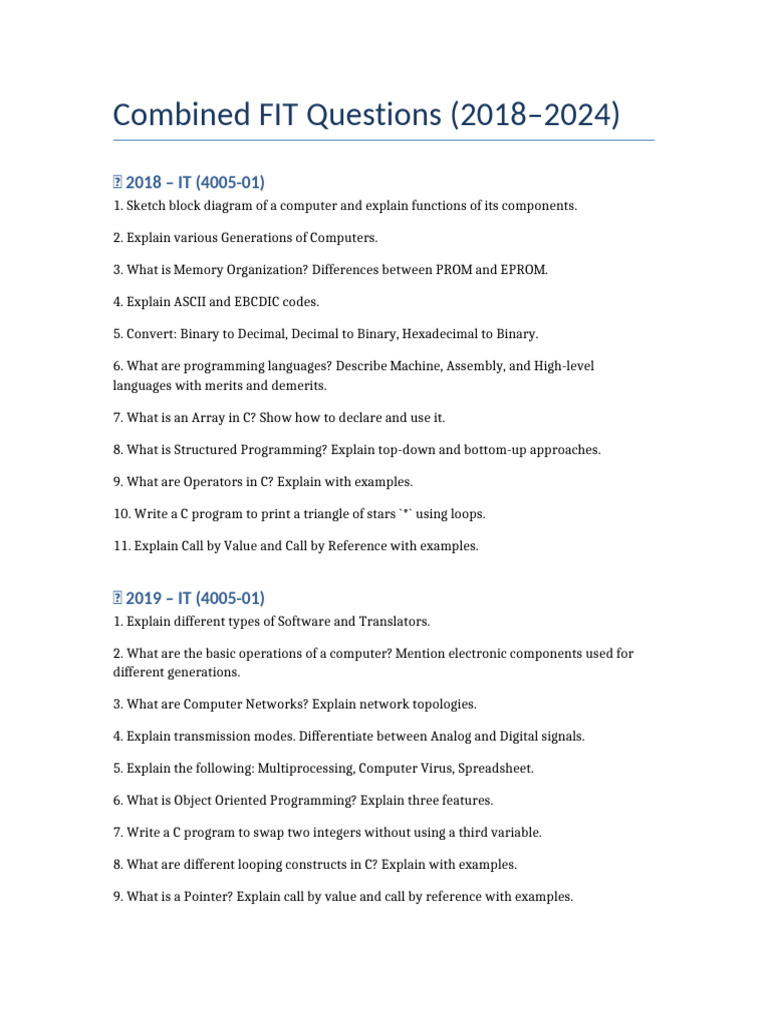 FIT Questions 2018 To 2024 | PDF | Computer Program | Programming