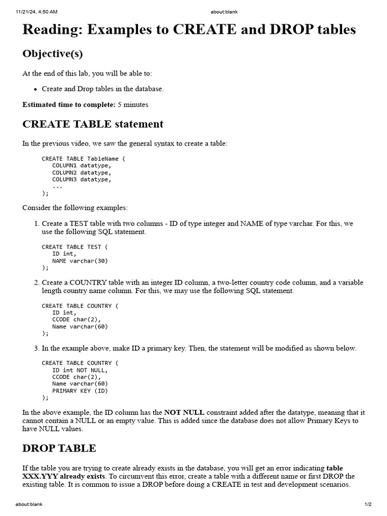 Examples To CREATE and DROP Tables | PDF | Table (Database ...