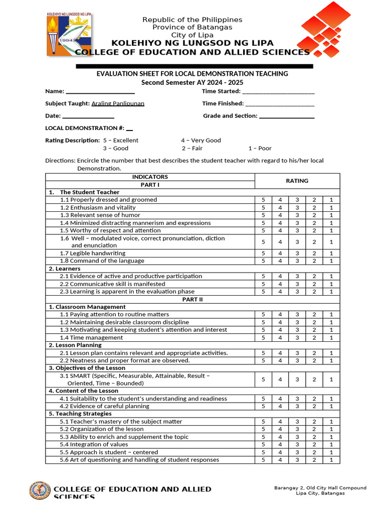Local Demonstration Teaching Evaluation Sheet | PDF | Teachers | Learning