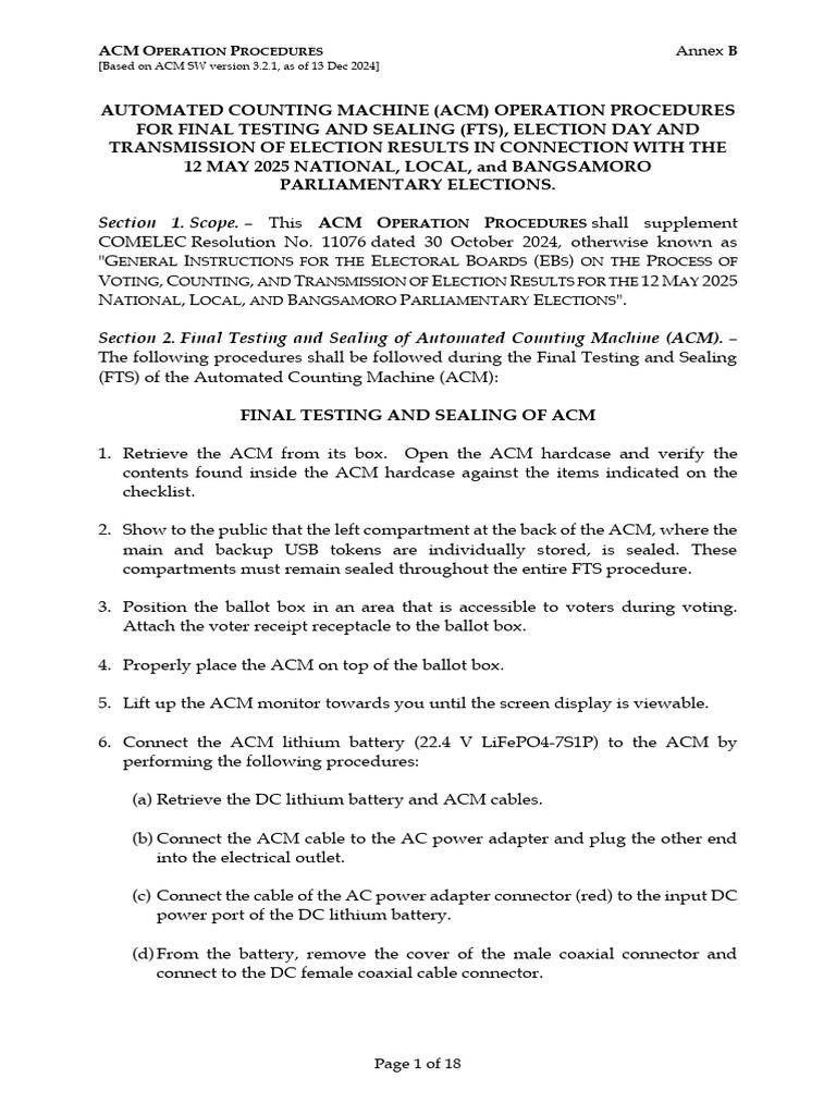 Annex B - Final - Version - Operational Procedure - ACM - 02032025 | PDF | Ballot | Usb