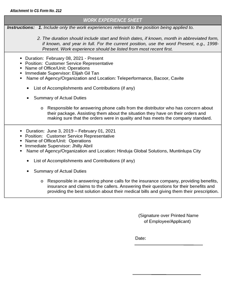 Work Experience Sheet Template | PDF