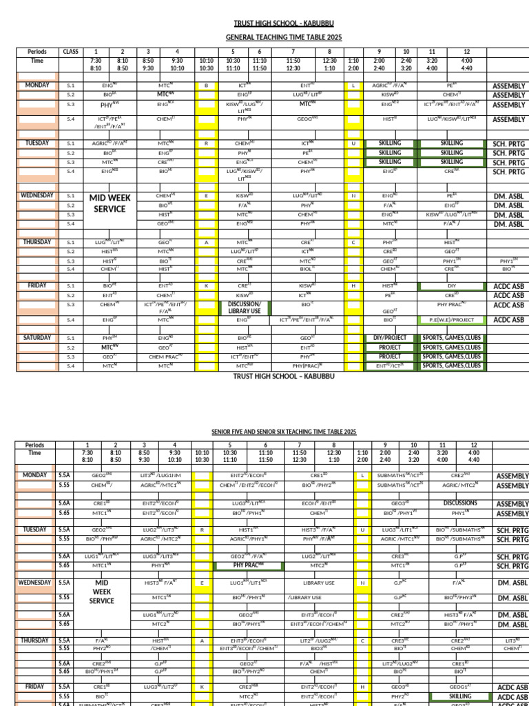 Senior One To Senior Six Teaching Time Table 2025-1-25 | PDF