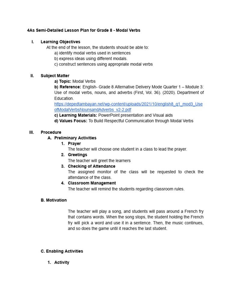 4as Semi-Detailed Lesson Plan For Grade 8 - Modal Verbs | PDF | Verb ...