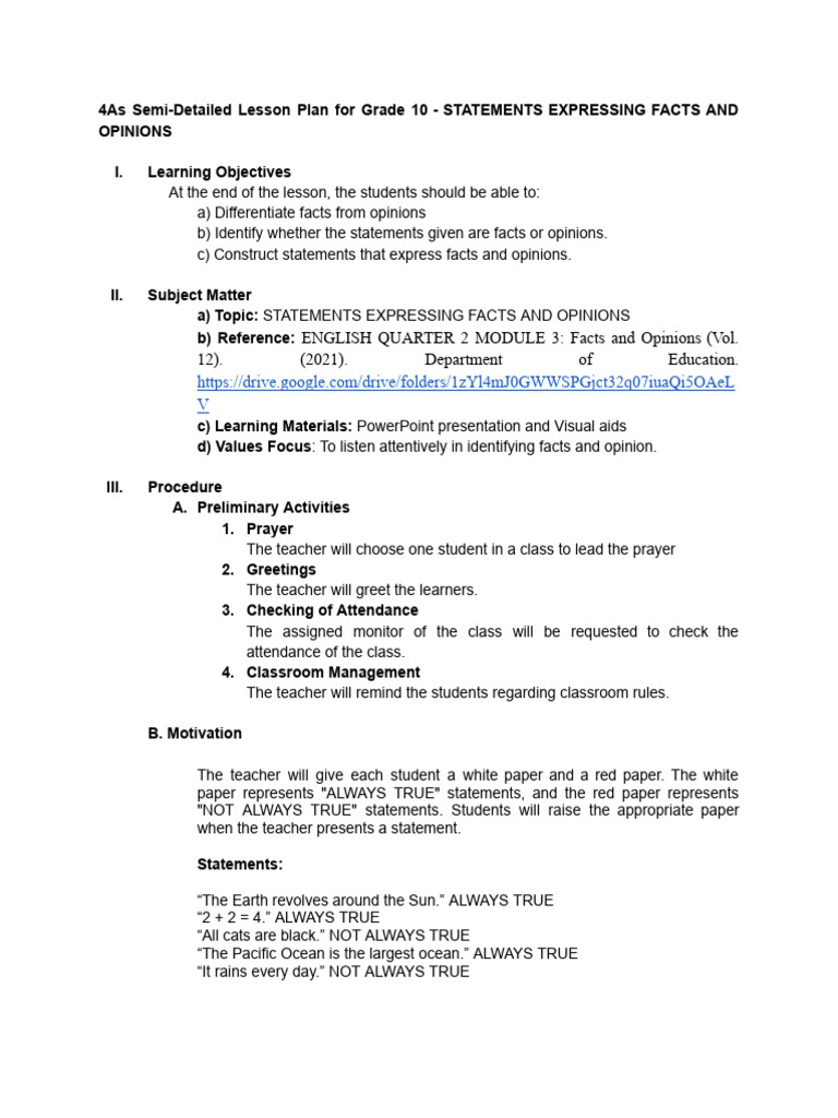 4as Semi-Detailed Lesson Plan For Grade 10 | PDF | Lesson Plan | Teachers