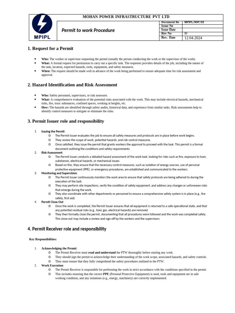 Permit To Work Procedure | PDF | Personal Protective Equipment | Risk ...