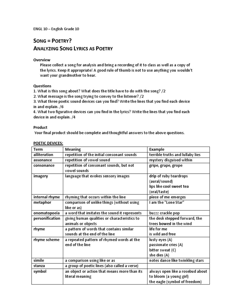 Engl 10 Song As Poetry Assgn | PDF | Language Arts & Discipline | Art