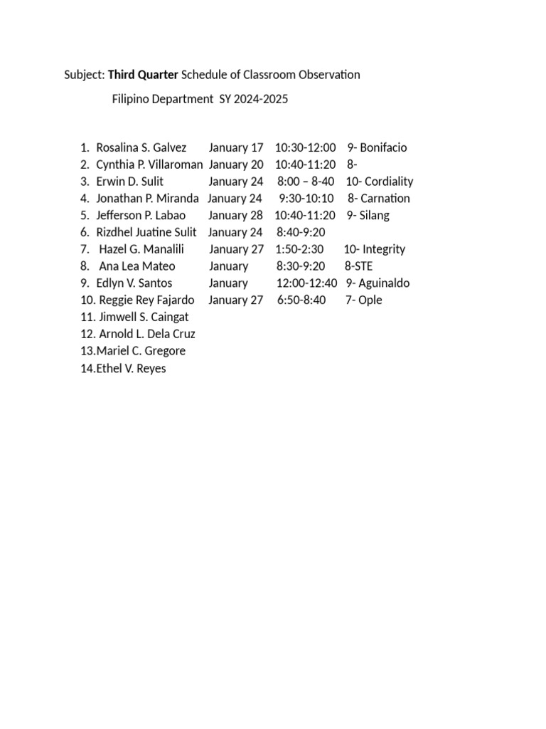 3rd Quarter Observation Sched | PDF