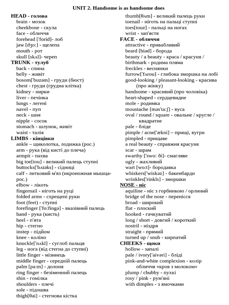 New Words - Unit 2 - Parts of The Body - Ukrainian | PDF