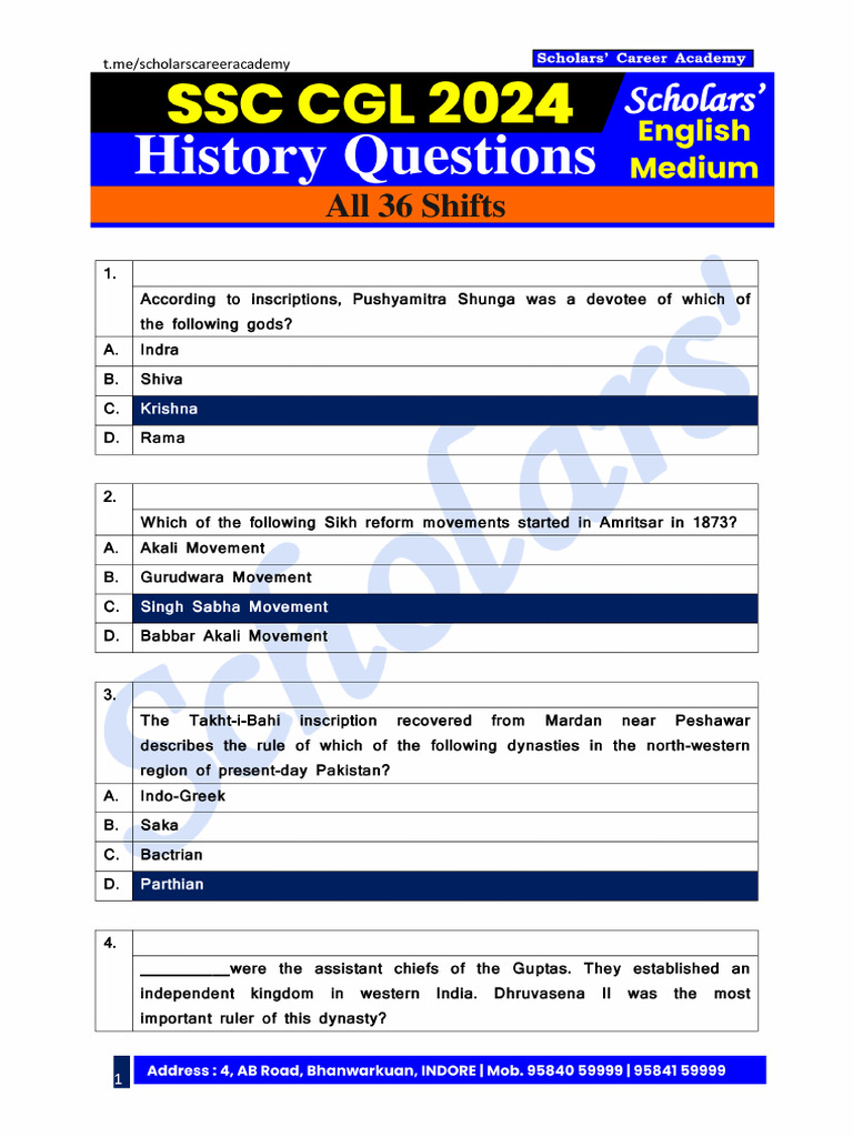 SSC CGL 2024 History - All 36 Set - English | PDF