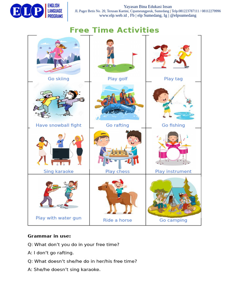 Free Time Activities - Negative Sentences Flyer 4 | PDF