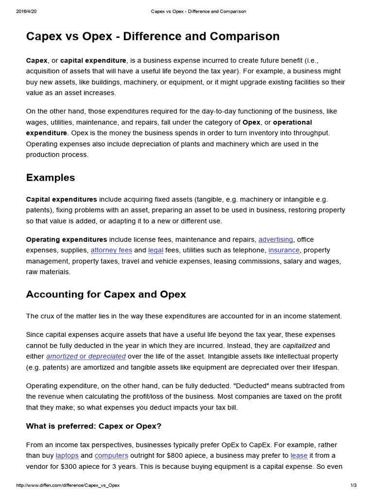 Capex vs Opex - Difference and Comparison _Diffen | PDF | Capital ...