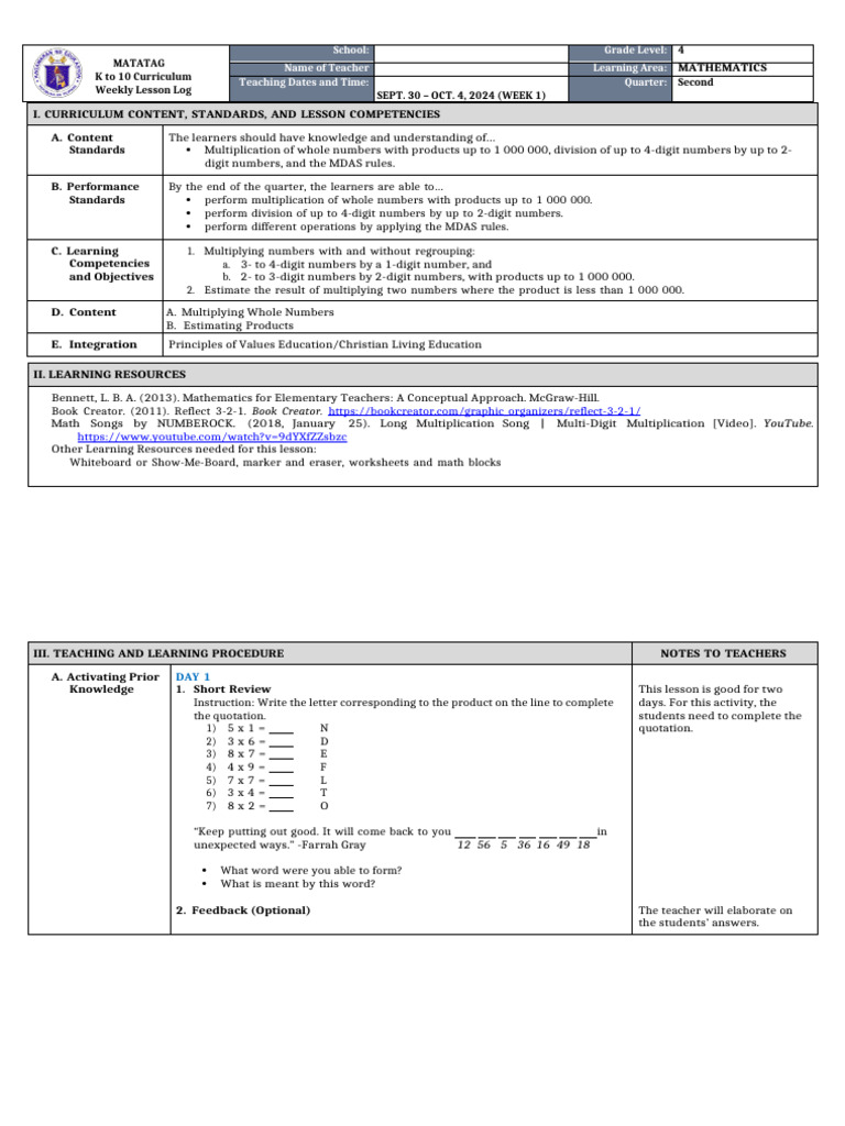DLL Matatag - Math 4 q2 w1 | PDF | Learning | Teachers