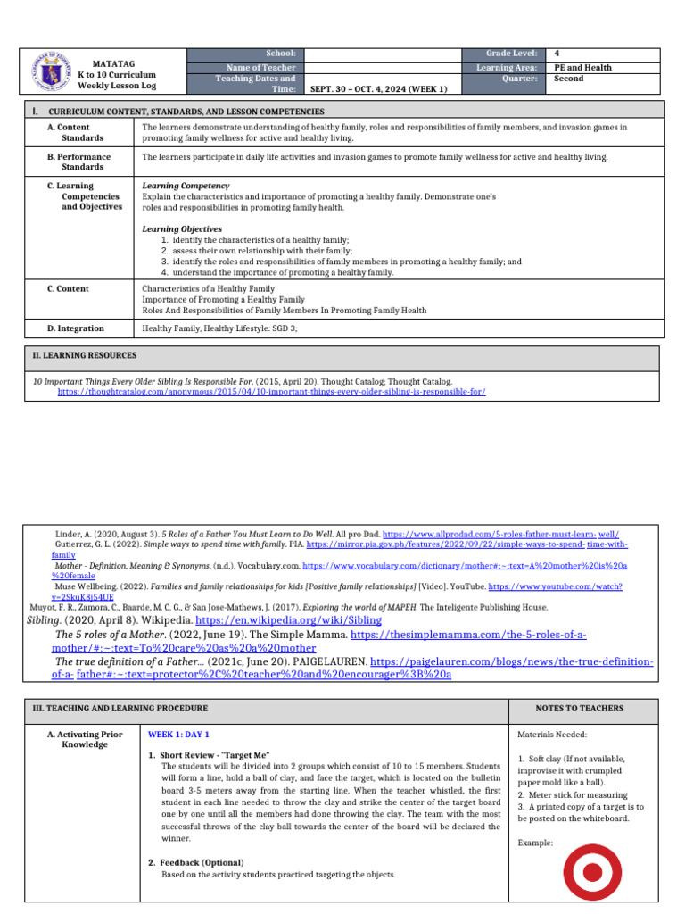 DLL Matatag - Pe & Health 4 q2 Week1-2 | PDF | Family | Sibling