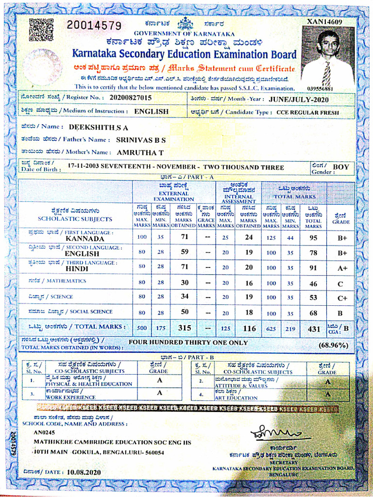 SSLC Marks Card | PDF