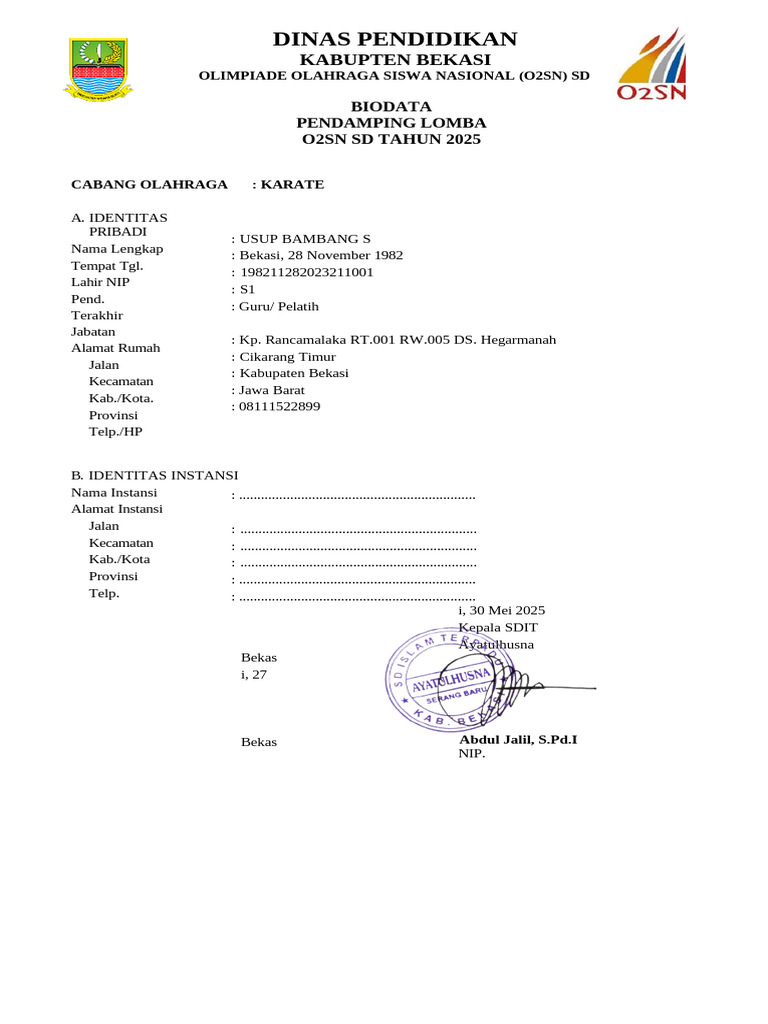 Biodata Pendamping Lomba o2sn Sd Tahun 2025 | PDF