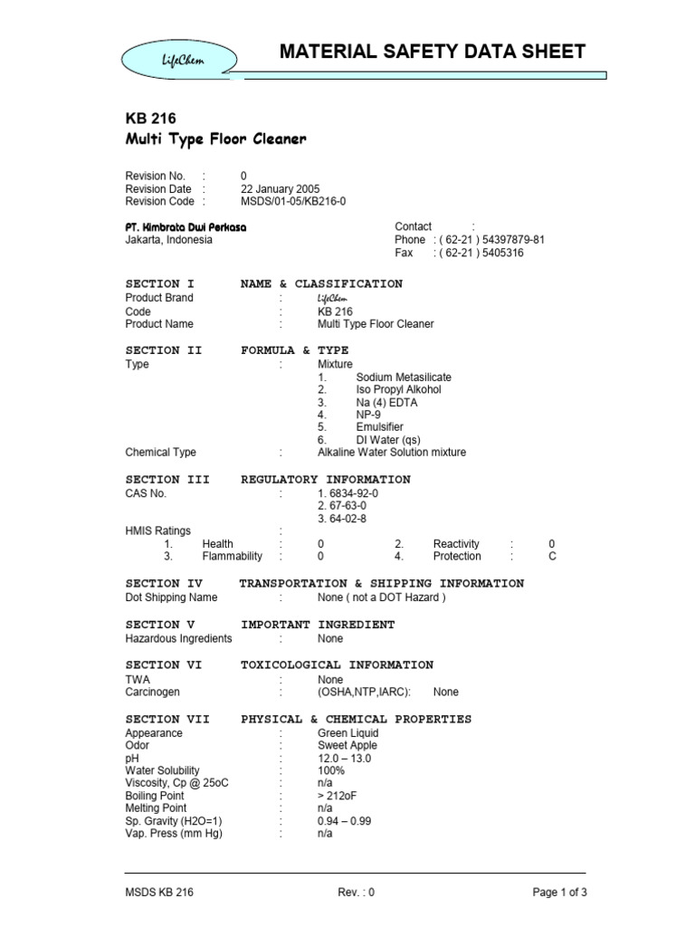 Microsoft Word - Msds-216 - KB | PDF | Water | Carbon Dioxide