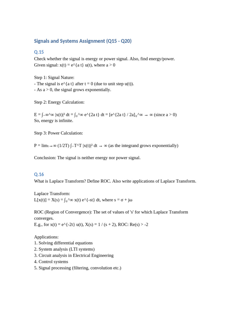 Signals Assignment Full Q1 To Q20 | PDF | Laplace Transform ...