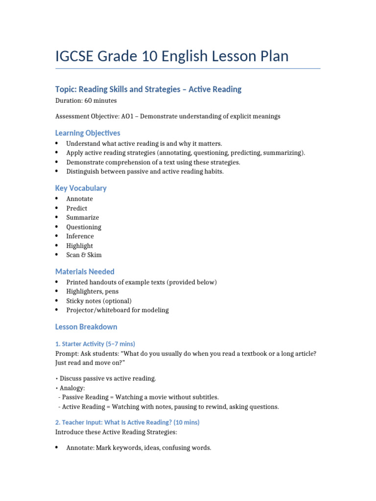 Active Reading Lesson Plan | PDF | Reading Comprehension | Behavior ...