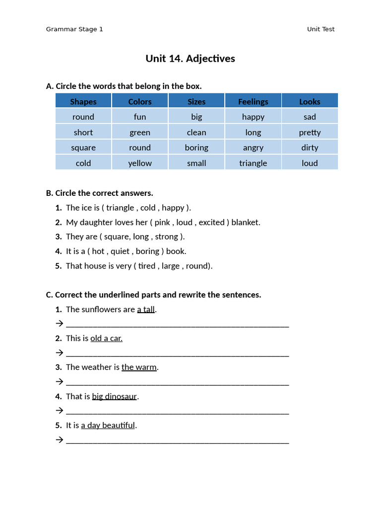 Grammar Stage 1 - Unit Test 14 | PDF