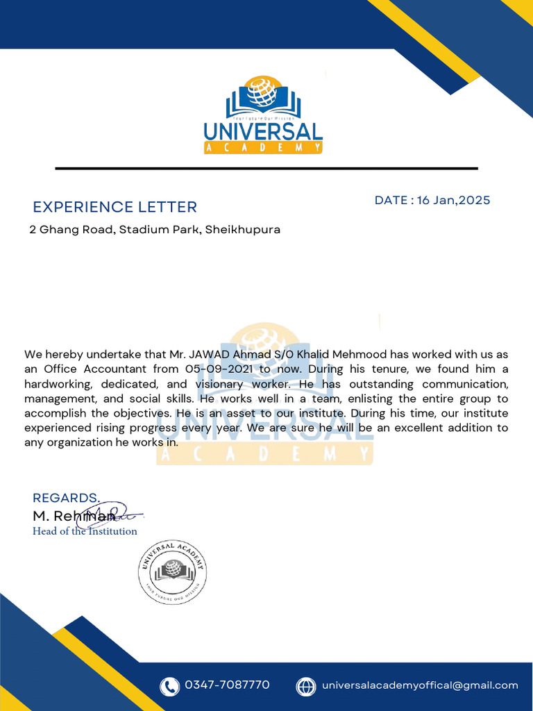 Experience Letter for Mr. Jawad Ahmad | PDF