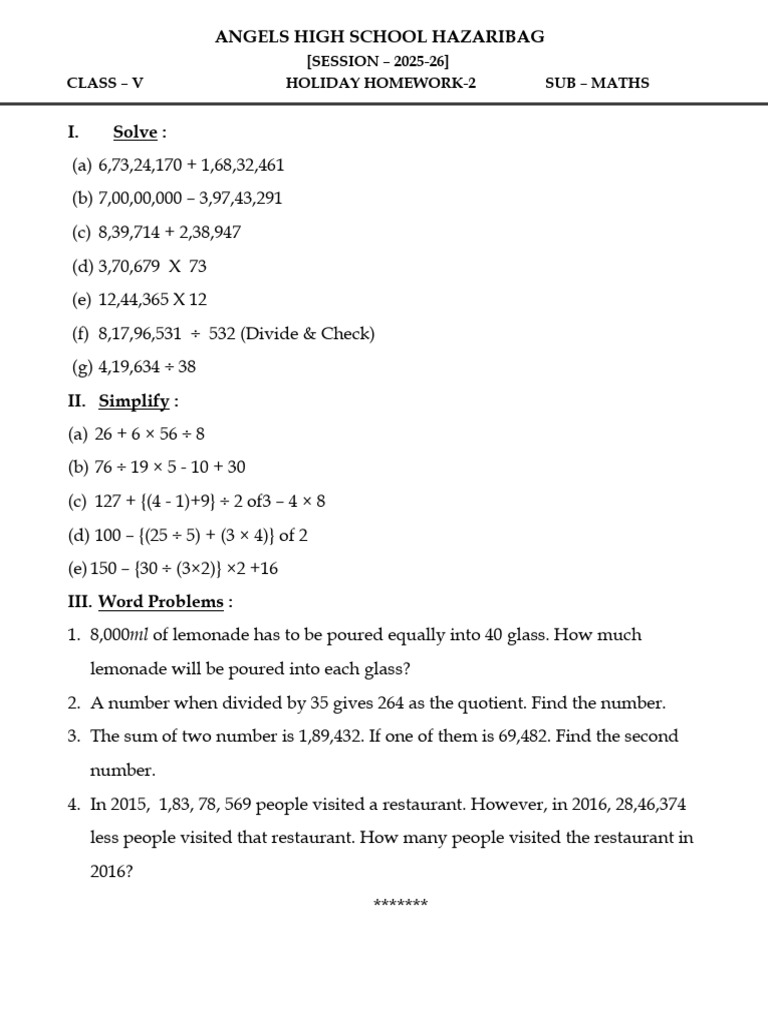 Maths_v_ Holiday h.w - 2 (1) (1) | PDF