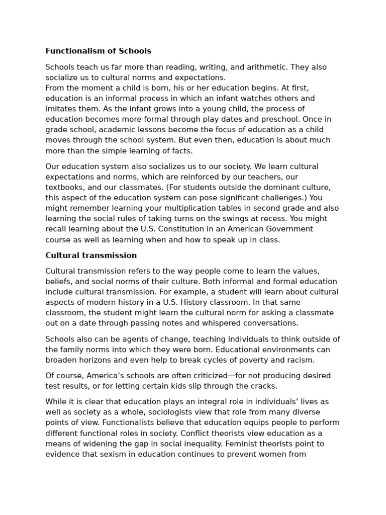 Understanding Functionalism in Education | PDF | Sociology | Socialization