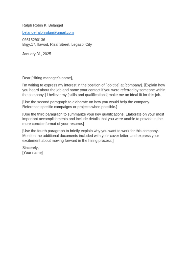 Cover Letter Template for Job Application | PDF
