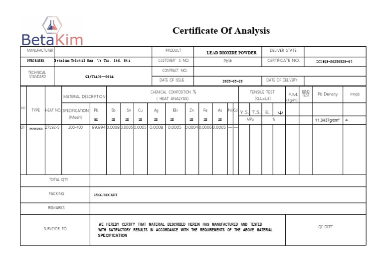 Betakim Lead Dioxide Powder Coa | PDF | Atoms | Building Engineering