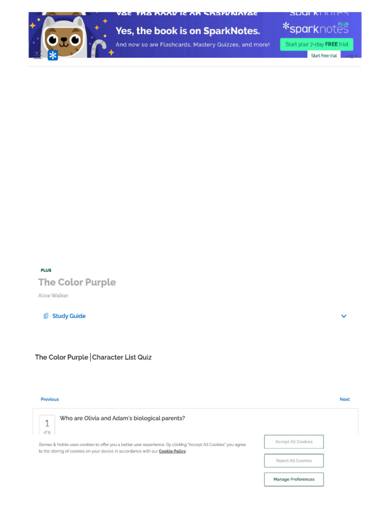 The Color Purple - Character List Quiz - Quick Quiz - SparkNotes | PDF