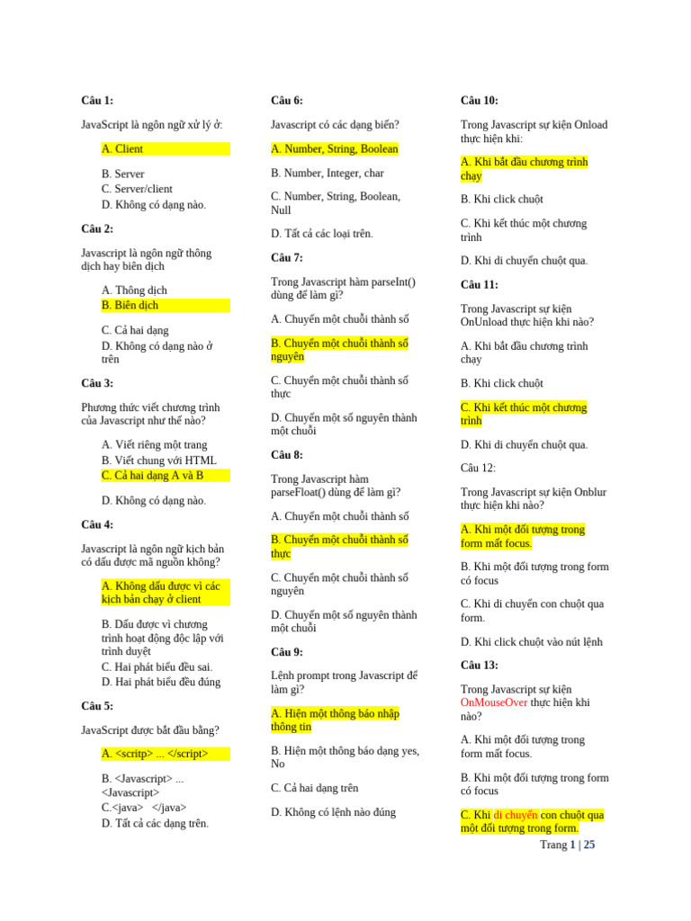 250 Cau Hoi Trac Nghiem Javascript Css HTML Co Dap An Phan 1 2025-05-08 | PDF