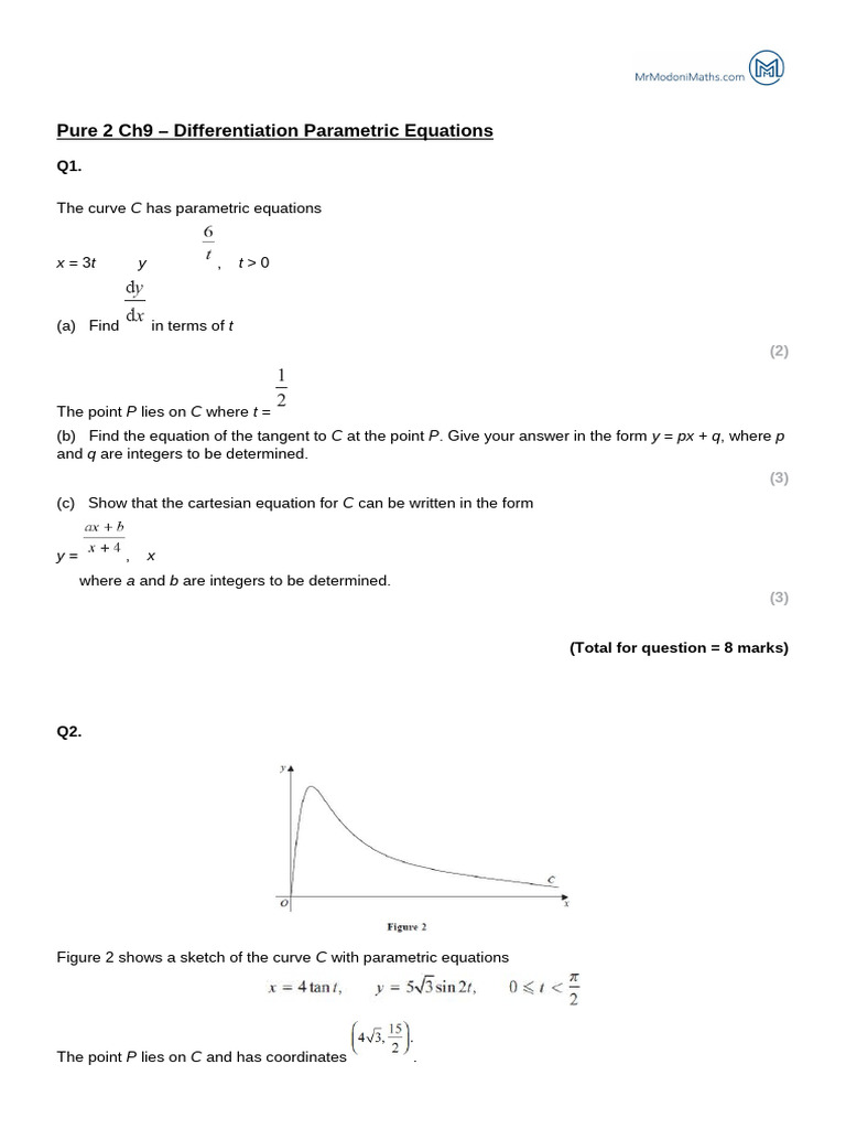 Pure 2 Ch9 - Differentiation Parametric Equations | PDF | Equations ...