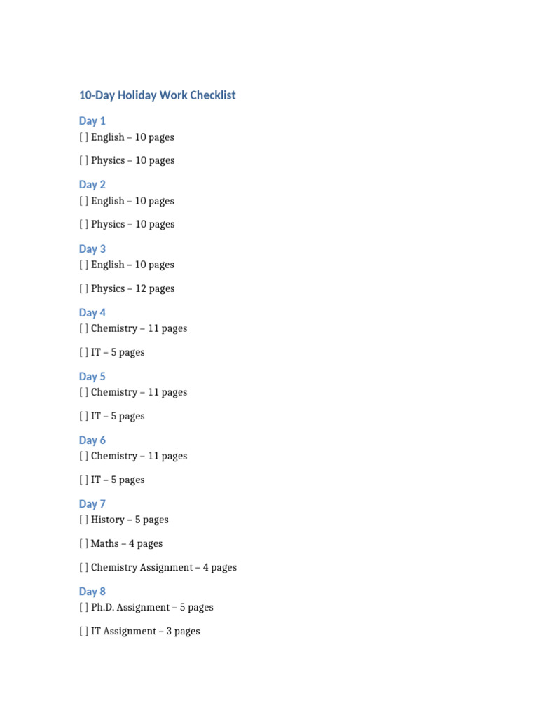 10-Day Holiday Work Checklist | PDF