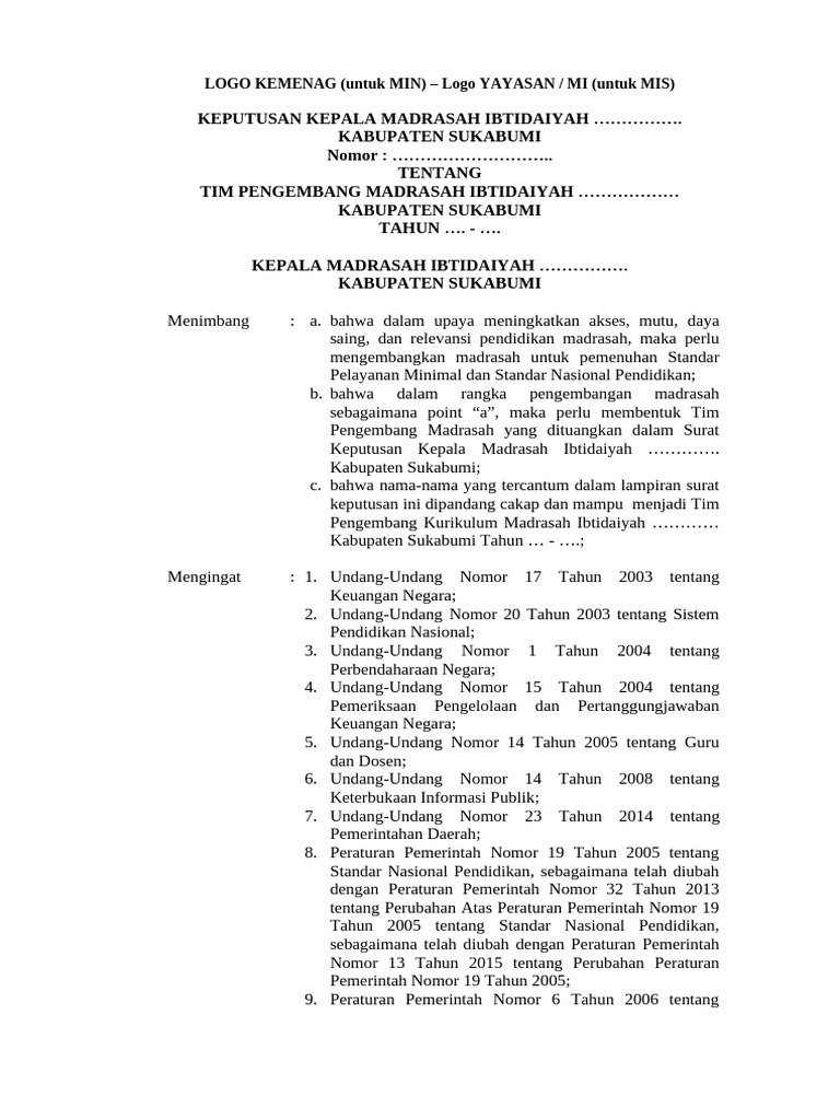 Contoh SK Tim Pengembang Madrasah - TPM | PDF