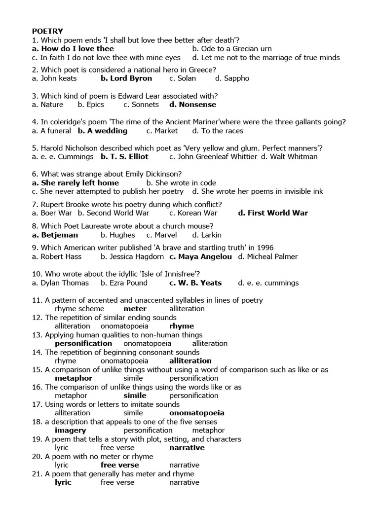 English Literature Poetry MCQs | PDF | Poetry | William Shakespeare