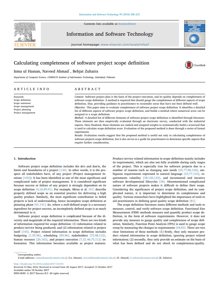 2018-Calculating Completeness of Software Project Scope Definition-Isma Ul Hassan | PDF | Agile ...