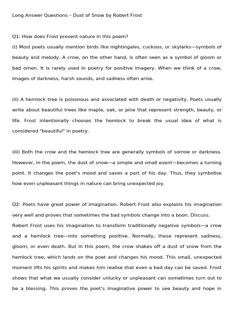 Dust of Snow Long Questions | PDF | Poetry