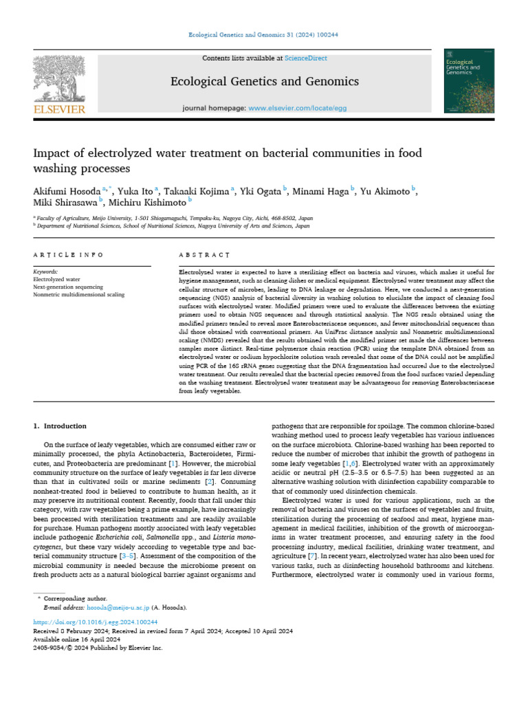 Impact of Electrolyzed Water Treatment On Bacterial Communities in Food Washing Processes | PDF ...