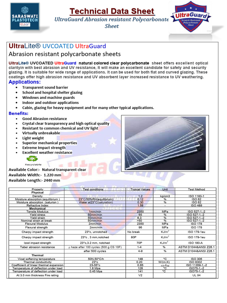 Ultraguard Hard Coated Sheet | PDF | Yield (Engineering) | Ultraviolet