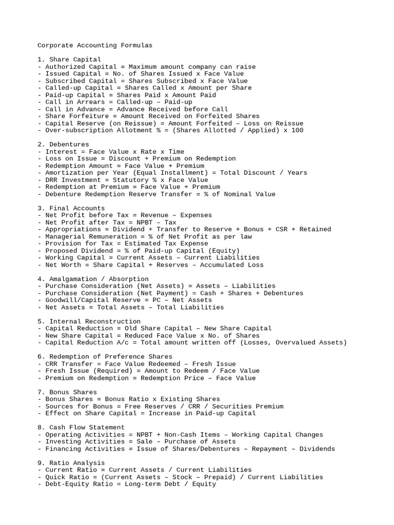 Corporate Accounting Formulas Overview | PDF | Dividend | Equity (Finance)