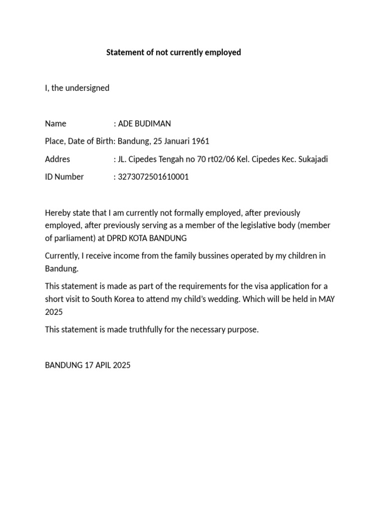 Statement of Not Currently Employed ADE BUDIMAN | PDF
