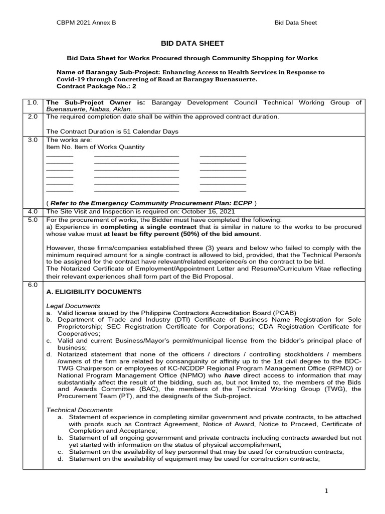 Buenasuerte CBPM 2021 Annex B - Bid Data Sheet | PDF | Business