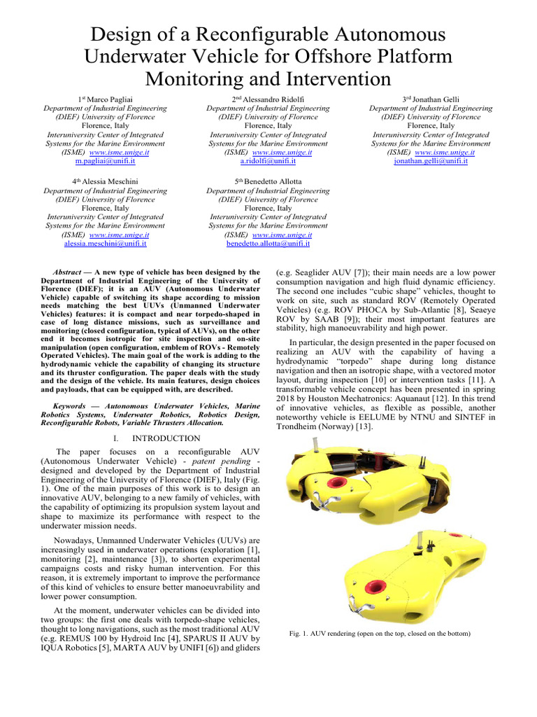 Design Of A Reconfigurable Autonomous Underwater Vehicle For Offshore Platform Monitoring And